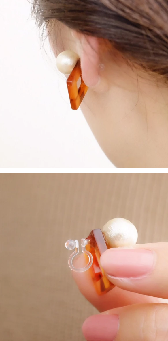 ピアスorイヤリング べっ甲スクエアフレームとコットンパール | iichi ハンドメイド・クラフト作品・手仕事品の通販