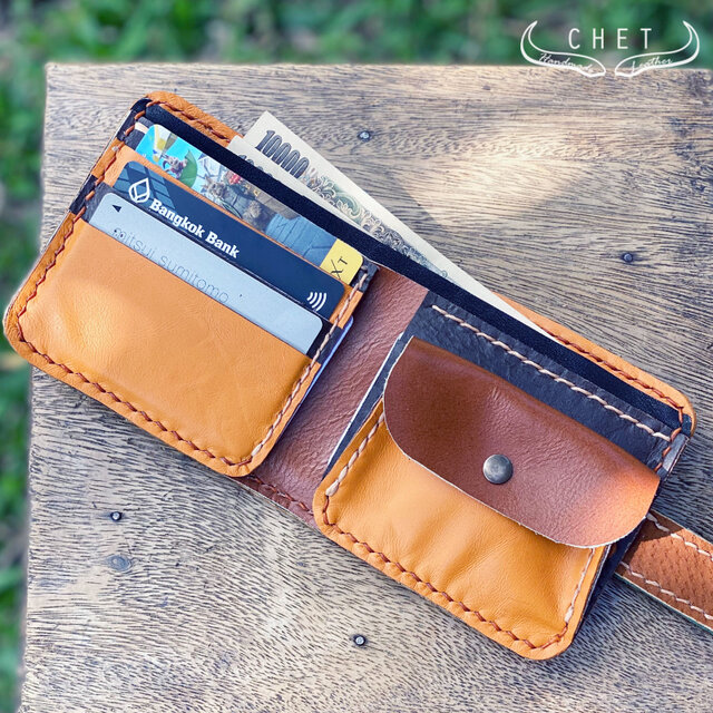 【SALE!!】レザー2つ折り財布／コンパクト財布・イエローxグリーン | iichi ハンドメイド・クラフト作品・手仕事品の通販