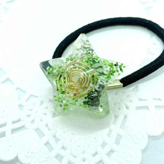 星のオルゴナイトのヘアゴム・ローズクォーツ｜恋愛・愛情 or-025 | iichi ハンドメイド・クラフト作品・手仕事品の通販