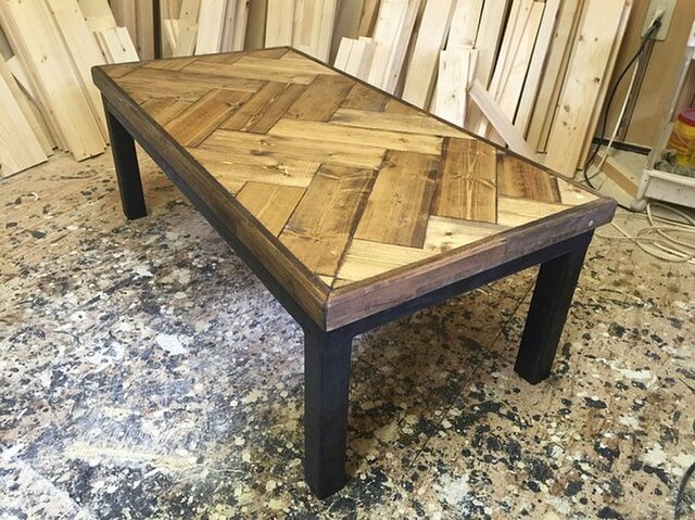 hotaru 男前家具 インダストリアル ローテーブル ヘリンボーン リビング テーブル お洒落 店舗 | iichi ハンドメイド・クラフト作品・手仕事品の通販