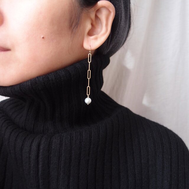 【GP】Potato Pearl／スクエアチェーン×パールロングピアス | iichi ハンドメイド・クラフト作品・手仕事品の通販