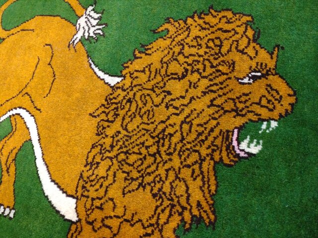 ペルシャ ライオンギャッベ マット 93x60cm アマレバフト グリーン 黄金色 ライオン | iichi ハンドメイド・クラフト作品・手仕事品の通販