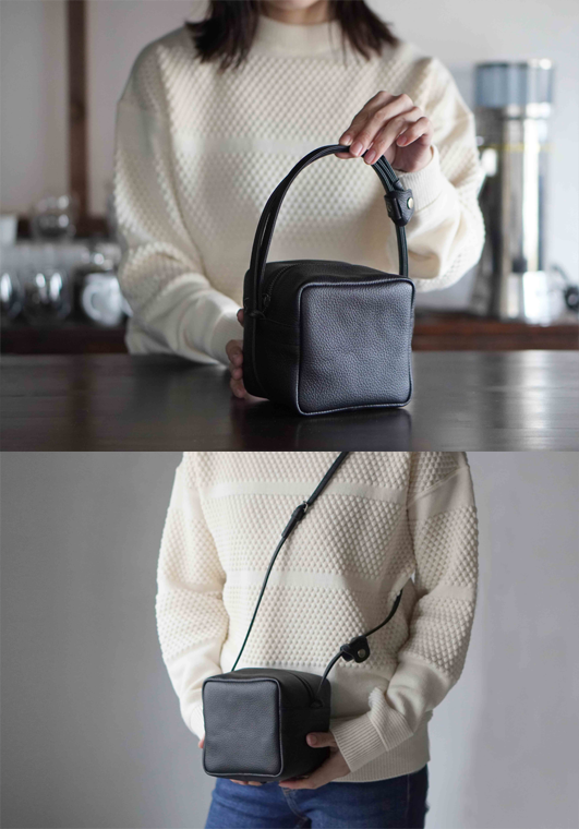 フランス製牛革・キューブポシェット 2WAY機能・内装キーホルダー付き：ポケット機能充実しています。 | iichi ハンドメイド・クラフト作品・手仕事品の通販