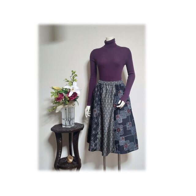 182 村山大島紬リメイクスギャザーフレアカート（黒系） | iichi ハンドメイド・クラフト作品・手仕事品の通販