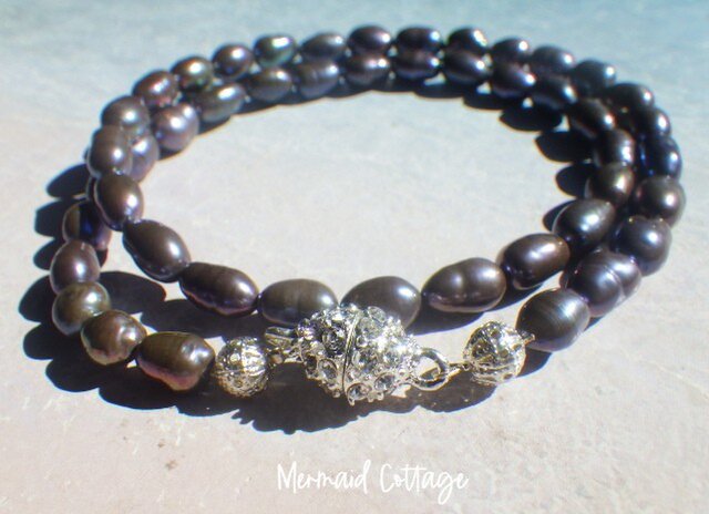 Flesh Pearl Necklace 淡水パールのネックレス☆マグネットクラスプ☆黒蝶真珠 バロックパール | iichi ハンドメイド ...