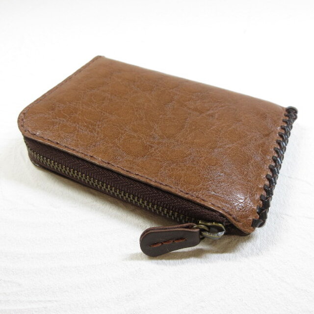 《牛革》ブラウン・型押しオーストリッチ・L字ファスナー・コインケース・0424 | iichi ハンドメイド・クラフト作品・手仕事品の通販