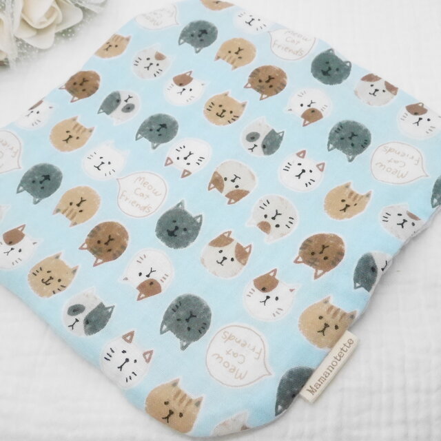 8重ガーゼハンカチ♡まんまるねこちゃんブルー＊20×20センチ Fluffy gauze handkerchief | iichi ハンドメイド・クラフト作品・手仕事品の通販