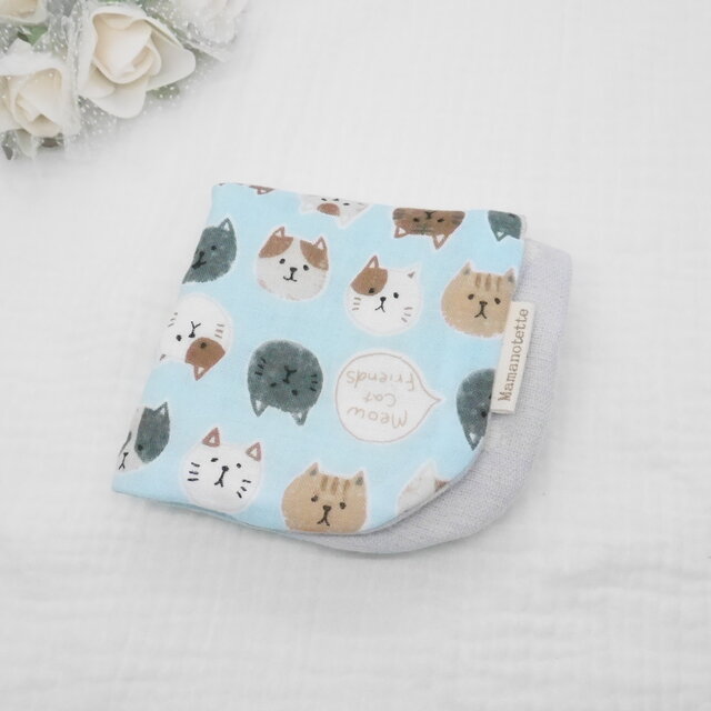 8重ガーゼハンカチ♡まんまるねこちゃんブルー＊20×20センチ Fluffy gauze handkerchief | iichi ハンドメイド・クラフト作品・手仕事品の通販