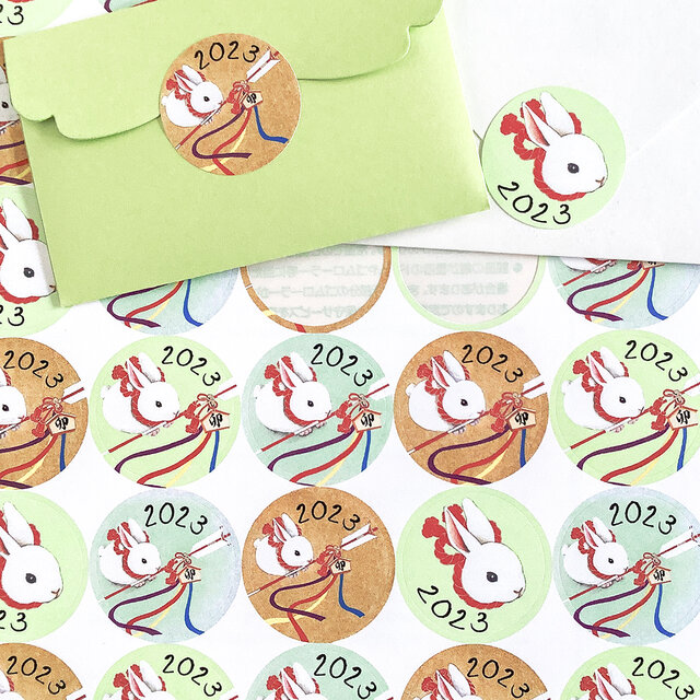 2023年卯年 子うさぎと破魔矢 丸シール1シート48枚 | iichi ハンドメイド・クラフト作品・手仕事品の通販