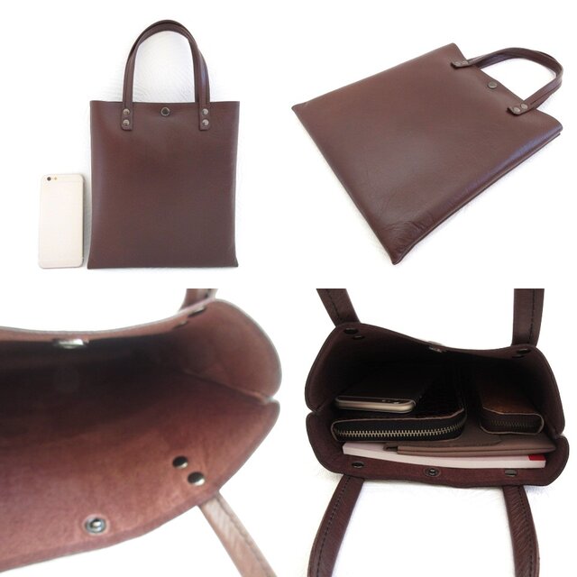 《牛革》ちょい持ちミニトート♪ダークブラウン・ソフトレザー・ワンレザー仕上げ・0322 | iichi ハンドメイド・クラフト作品・手仕事品の通販