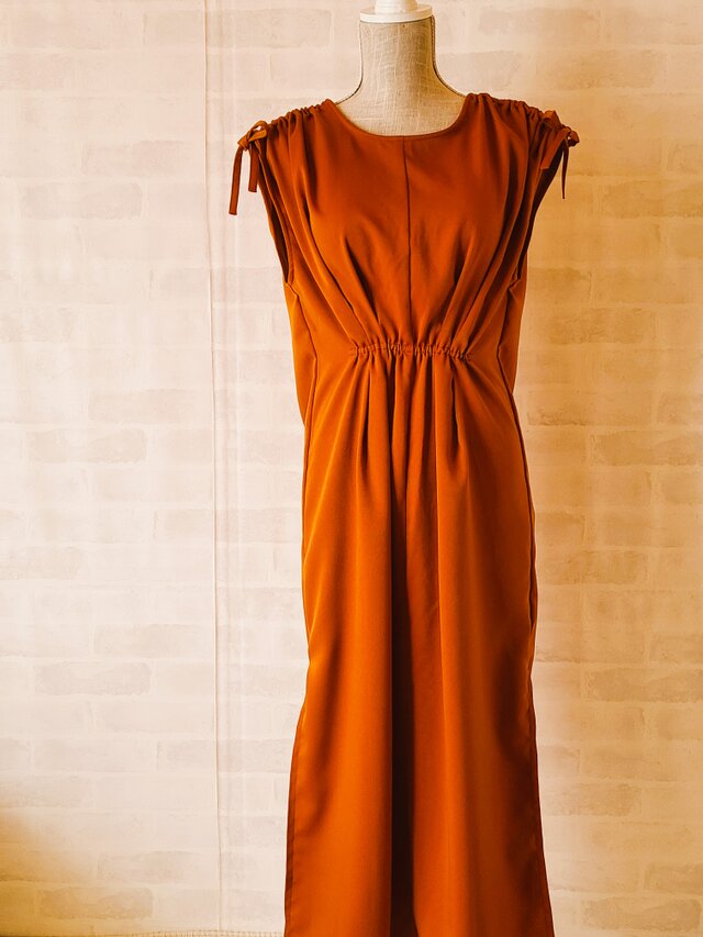TOKI 009 シャーリングワンピース (ストレッチスエード）オレンジ | iichi ハンドメイド・クラフト作品・手仕事品の通販