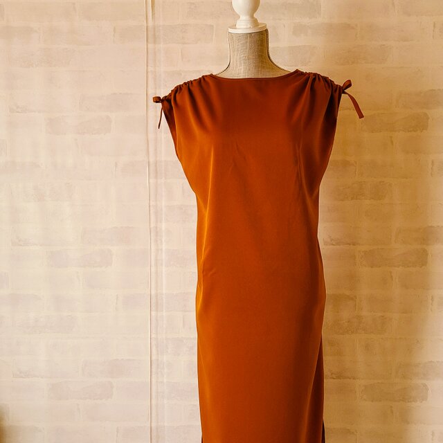 TOKI 009 シャーリングワンピース (ストレッチスエード）オレンジ | iichi ハンドメイド・クラフト作品・手仕事品の通販