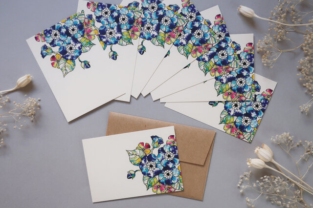 ミニメッセージカード 8枚セット（封筒付き）【Blue flowers】04 | iichi 日々の暮らしを心地よくするハンドメイドやアンティークのマーケットプレイス