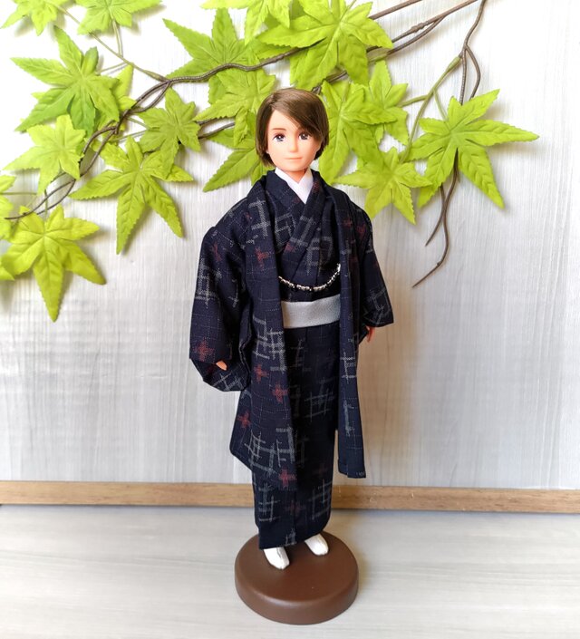 「井桁柄…濃紺」28cm男子ドール着物＆羽織 | iichi ハンドメイド・クラフト作品・手仕事品の通販