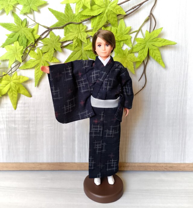 「井桁柄…濃紺」28cm男子ドール着物＆羽織 | iichi ハンドメイド・クラフト作品・手仕事品の通販