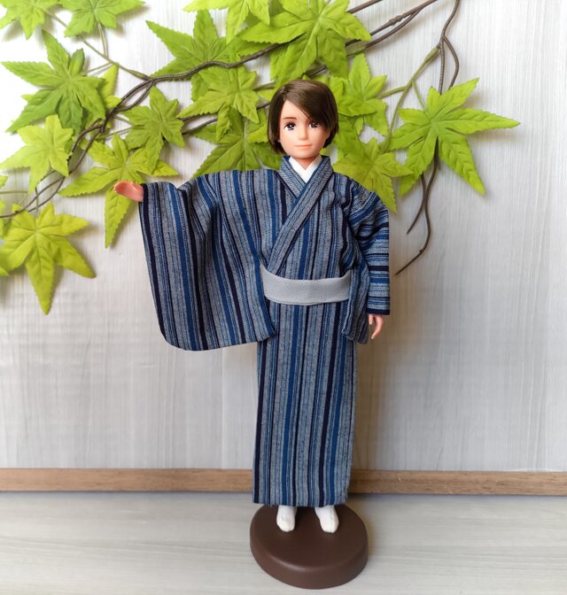「しじら滝縞…青藍」28cm男子ドール着物＆羽織 | iichi ハンドメイド・クラフト作品・手仕事品の通販