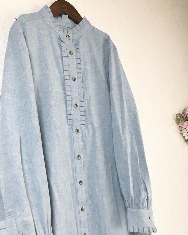 （Hjärta) ネップミックスダンガリー フリルワンピース（ウエスト切り替え無し）BGW（べっ甲カラーボタン）遠州織物 | iichi 日々の暮らしを心地よくするハンドメイドやアンティークの ...