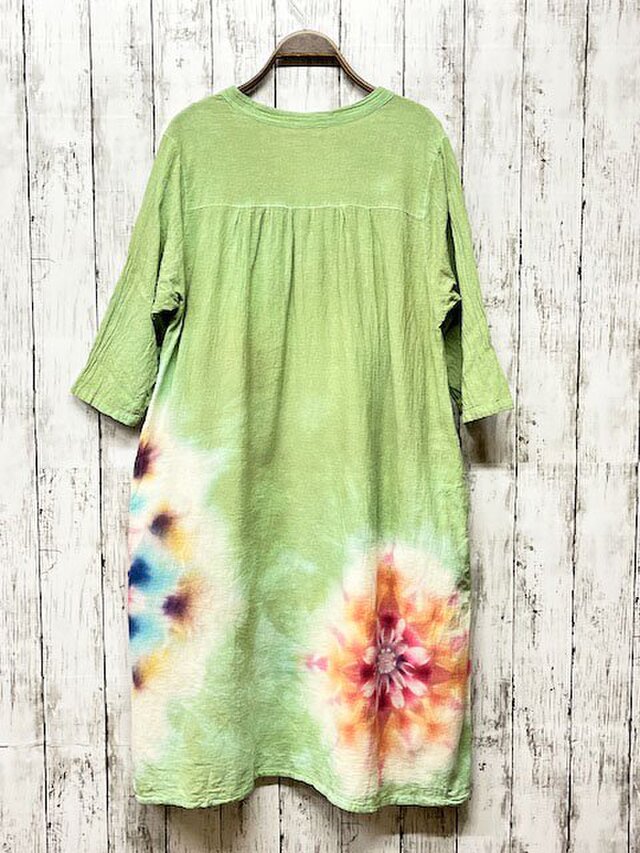 タイダイ染め チュニック ワンピース 淡萌黄色 優しく美しい華やかな大曼荼羅 HD18-24 | iichi ハンドメイド・クラフト作品・手仕事品の通販