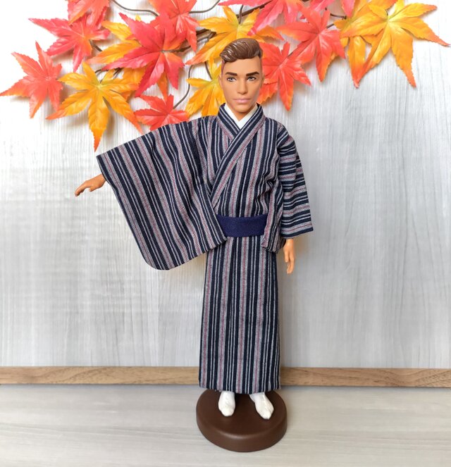 「滝縞…紺×藤」29cm男子ドール着物＆羽織 | iichi ハンドメイド・クラフト作品・手仕事品の通販