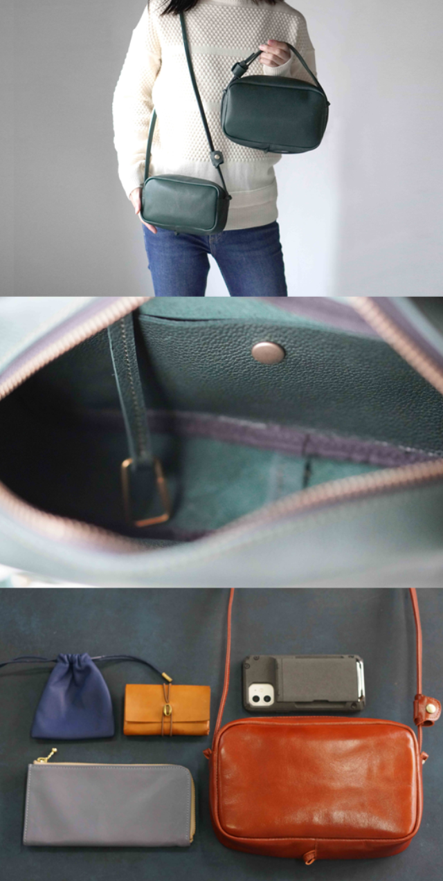 ITALY-DEEP-GREEN-OIL：2WAY機能ポシェットLサイズ 内装キーホルダー付き | iichi ハンドメイド・クラフト作品・手仕事品の通販