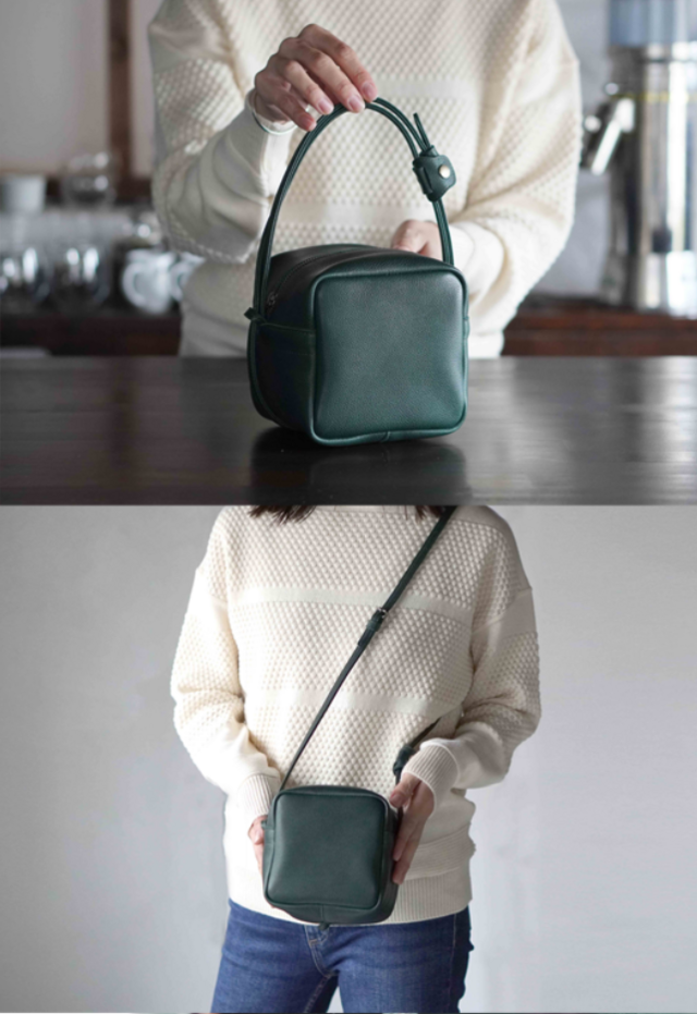 ITALY-DEEP-GREEN-OIL・キューブポシェット 2WAY機能・内装キーホルダー付き：ポケット機能充実しています。 | iichi ハンドメイド・クラフト作品・手仕事品の通販