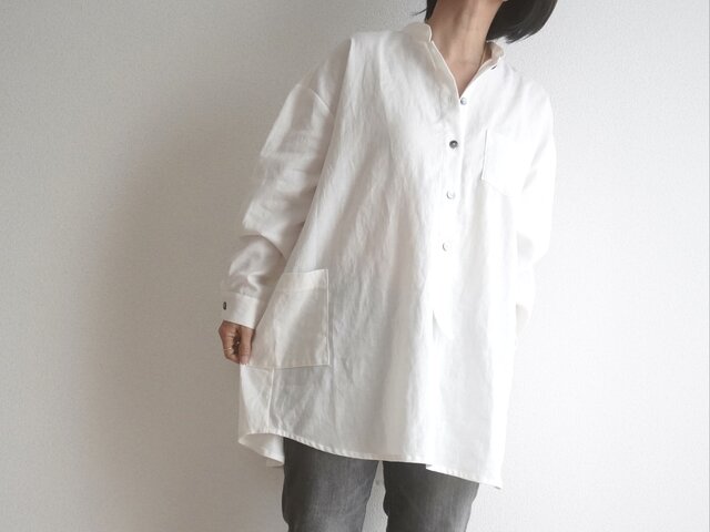 コットンリネンのロングシャツ 白 No.254 | iichi 日々の暮らしを心地よくするハンドメイドやアンティークのマーケットプレイス