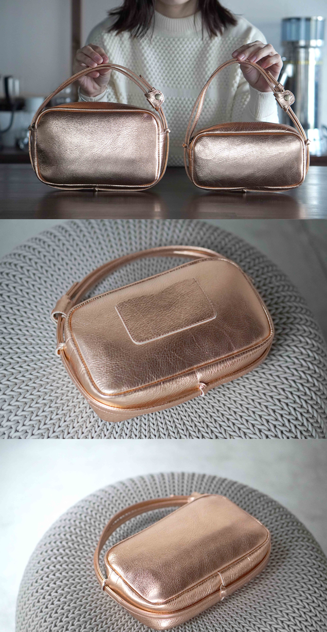 カンパリGOLD-LEATHER・2WAY機能ポシェットLサイズ 内装キーホルダー付き：ポケット機能充実しています。 | iichi ハンドメイド・クラフト作品・手仕事品の通販