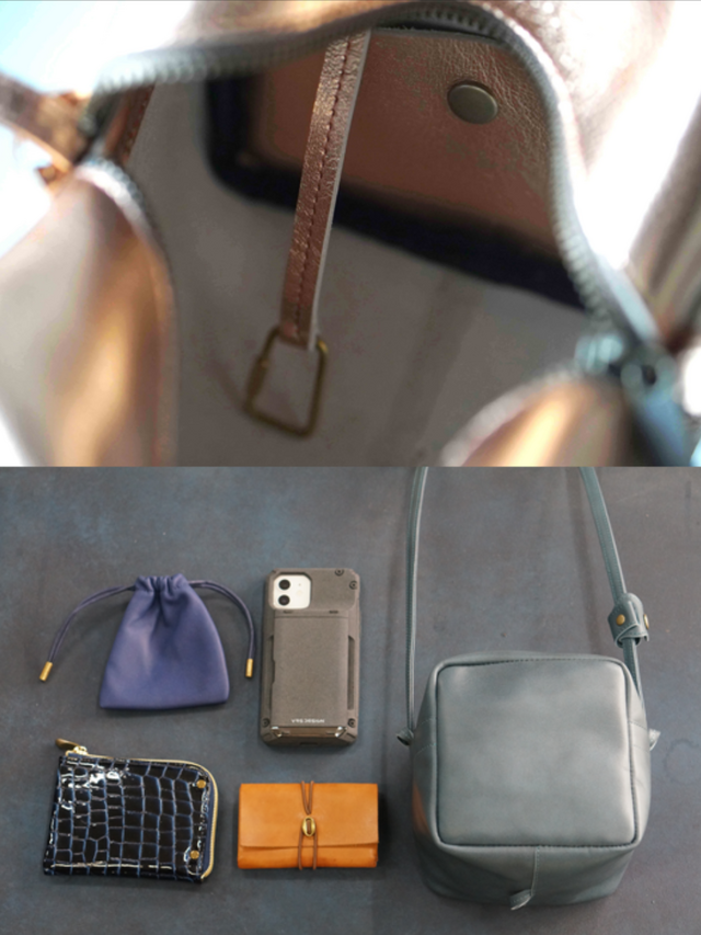 カンパリGOLD-LEATHER・キューブポシェット 2WAY機能・内装キーホルダー付き：ポケット機能充実しています。 | iichi ハンドメイド・クラフト作品・手仕事品の通販