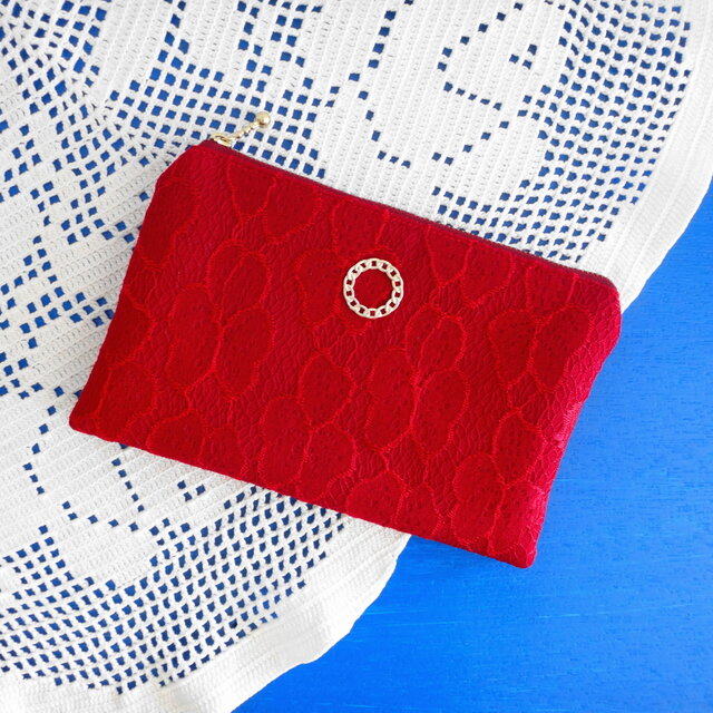 レース模様のぺたんこポーチ＊柘榴no4 | iichi 日々の暮らしを心地よくするハンドメイドやアンティークのマーケットプレイス