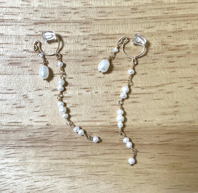 【14kgf】淡水パールのロングピアス風ゆらゆらノンホールピアス | iichi ハンドメイド・アンティーク・食品・ギフト・手作り