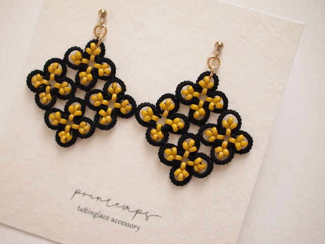 タティングレース 14kgf beads four leaves (noir× mat yellow beads) 受注制作 | iichi ハンドメイド・クラフト作品・手仕事品の通販