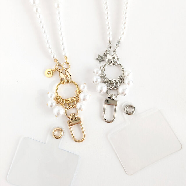 パールネックレスとしても..【2way＊ウェーブパールのスマホネックストラップ/GOLD】スマホホルダー スマホネックレス | iichi ハンドメイド・クラフト作品・手仕事品の通販