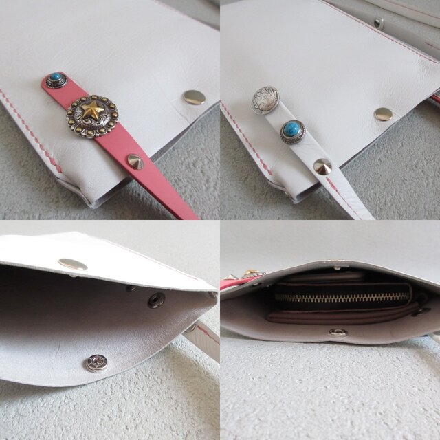 《牛革》コンチョ使い♪2WAY～ミニサコッシュ・フラットタイプ・047 | iichi ハンドメイド・クラフト作品・手仕事品の通販