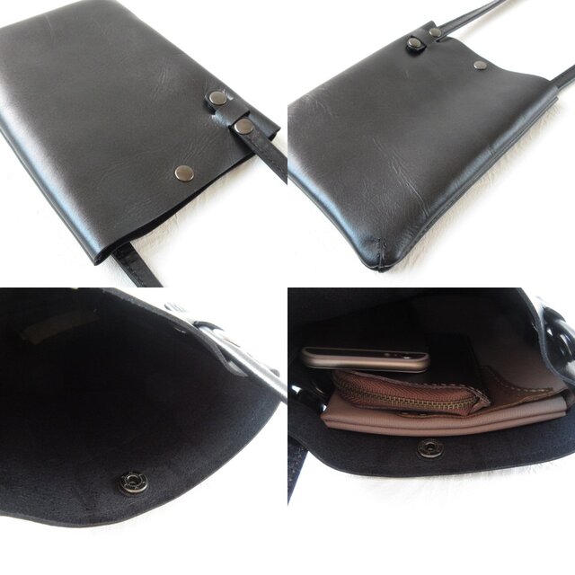 《牛革》2WAY～スリムサコッシュ・シュリンクレザー・ガンメタリック・053 | iichi ハンドメイド・クラフト作品・手仕事品の通販