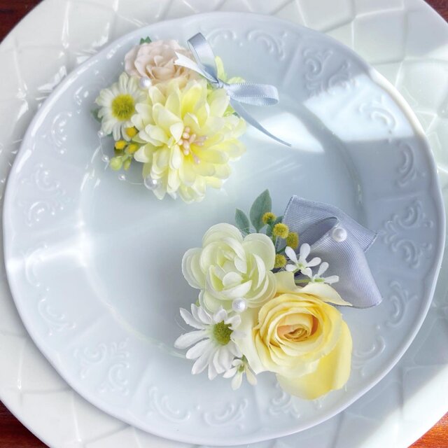 ママとリンク薔薇とミモザの2wayコサージュ63.64 | iichi ハンドメイド・クラフト作品・手仕事品の通販