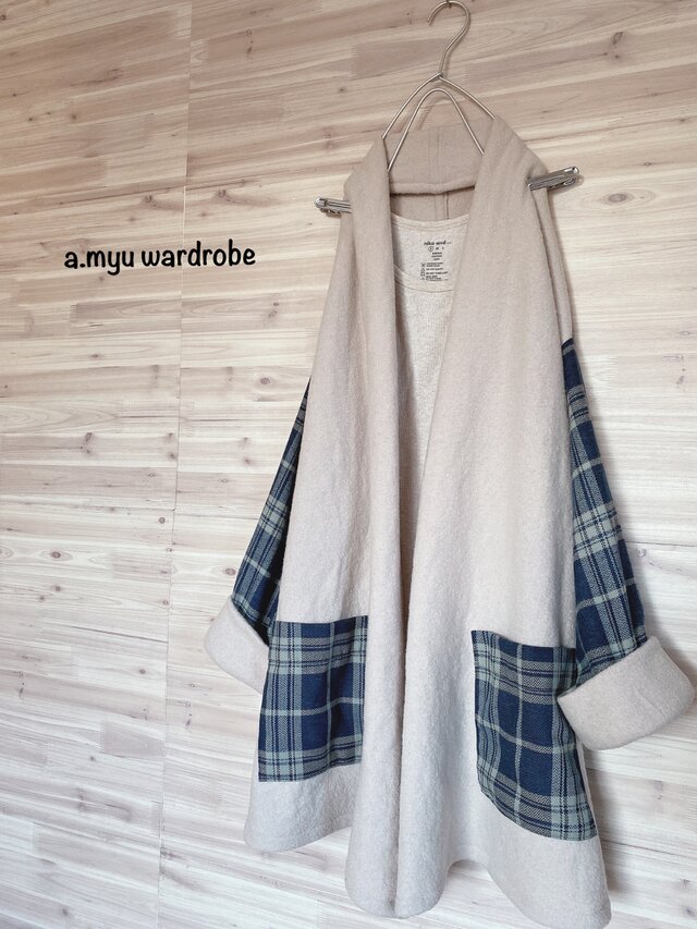 a.myu ストールカーディガン グレーと綺麗めブルーのチェック | iichi ハンドメイド・クラフト作品・手仕事品の通販
