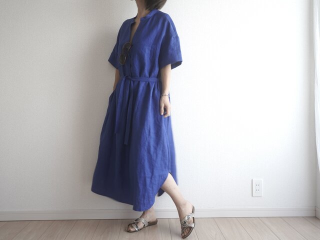 リネンV開き半袖ワンピース ️ブルー No.230 | iichi ハンドメイド・クラフト作品・手仕事品の通販