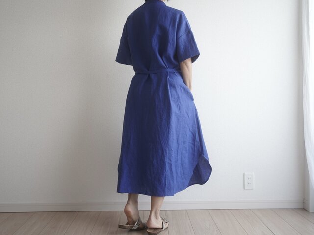 リネンV開き半袖ワンピース ️ブルー No.230 | iichi ハンドメイド・クラフト作品・手仕事品の通販