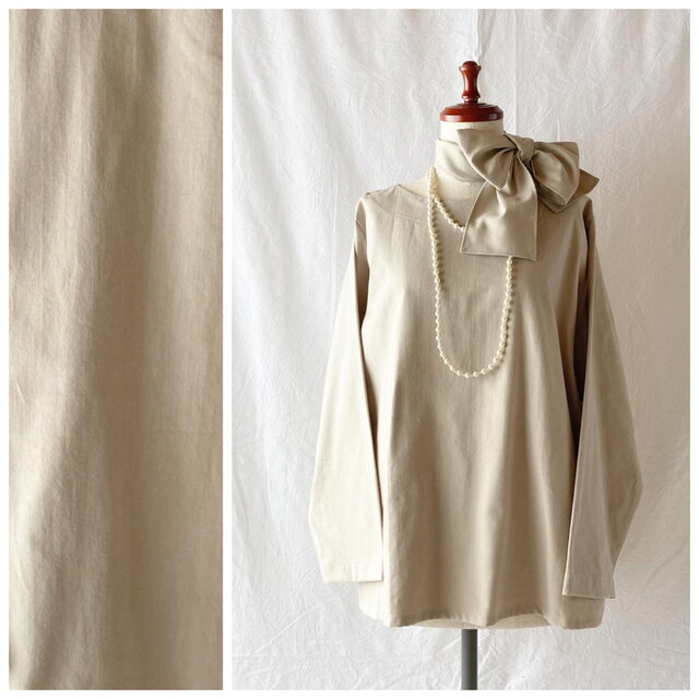 ニアリーブラウス：タイ付き：長そで（コットンビエラ：ベージュ） | iichi 日々の暮らしを心地よくするハンドメイドやアンティークのマーケットプレイス