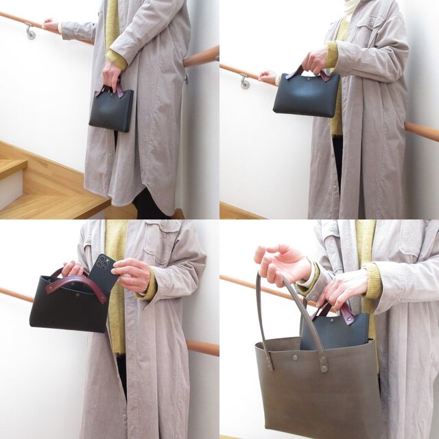《牛革》便利で可愛い♪使って楽しい♪バッグインバッグ・ブラック・026 | iichi ハンドメイド・クラフト作品・手仕事品の通販