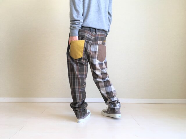 ちょいゆるパンツ007/ブラウンとグリーンのチェックにイエロー | iichi ハンドメイド・クラフト作品・手仕事品の通販