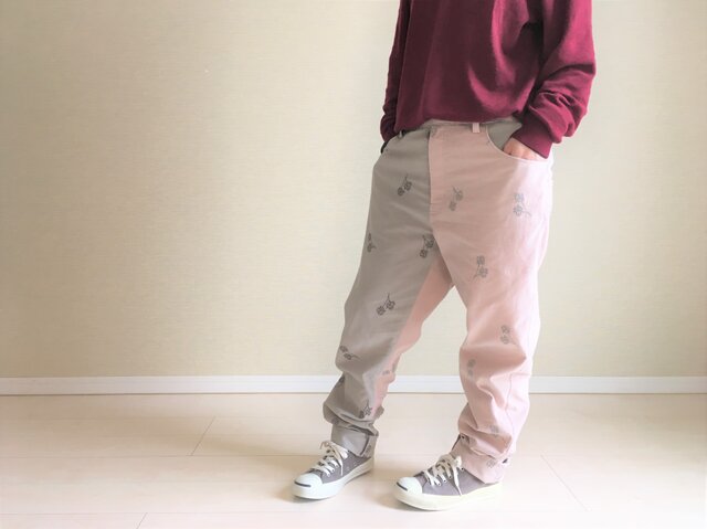 ちょいゆるパンツ009/ピンクとグレーのコーデュロイ刺繍 | iichi ハンドメイド・クラフト作品・手仕事品の通販
