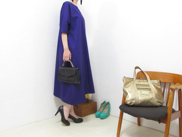 2712大人の女性をより魅力的に見せるAラインワンピース コットン パープル | iichi ハンドメイド・クラフト作品・手仕事品の通販