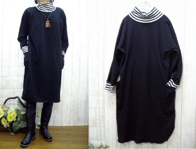 【M～2L/3L～5L 2サイズから選べる】黒スウェットとボーダータートルのワンピース ストレッチ プチオーダーもOK | iichi ハンドメイド・クラフト作品・手仕事品の通販
