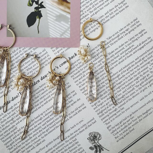 [ イヤリング変更可能 ] gold & clear chain pierce earring | iichi ハンドメイド・クラフト作品・手仕事品の通販