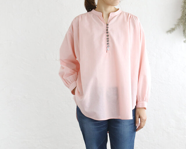 《数量限定》コットンリネン ループボタン ロング丈シャツブラウス （ピンク）TP29 | iichi ハンドメイド・クラフト作品・手仕事品の通販