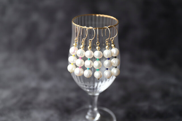 淡水パールxイエローカルセドニーの3-pieceピアス【14kgf】(#979) | iichi ハンドメイド・クラフト作品・手仕事品の通販