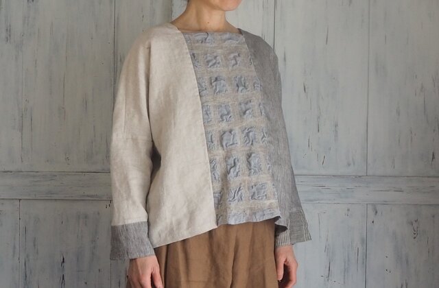 リネンx布フェルトパッチワークプルオーバー | iichi ハンドメイド・クラフト作品・手仕事品の通販