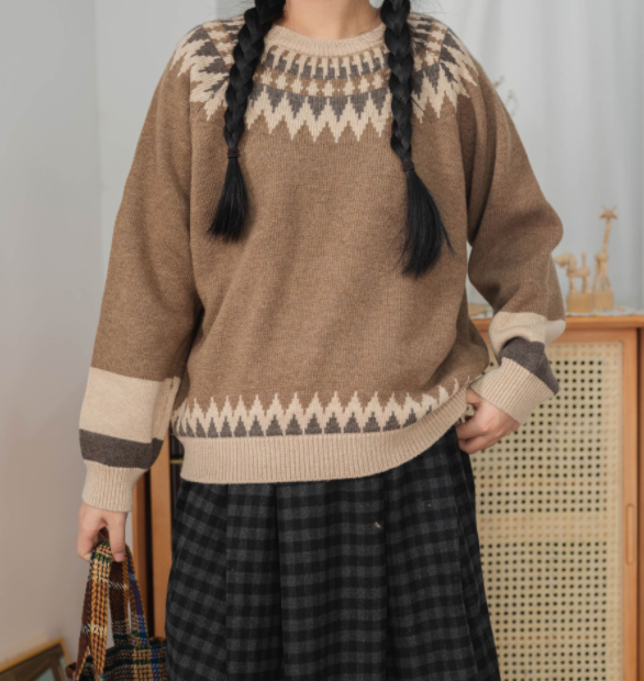 ウールセーター フェアアイルジャカードセーター ゆったりセーター 編みセーター【3色 】秋冬 | iichi ハンドメイド・クラフト作品 ...