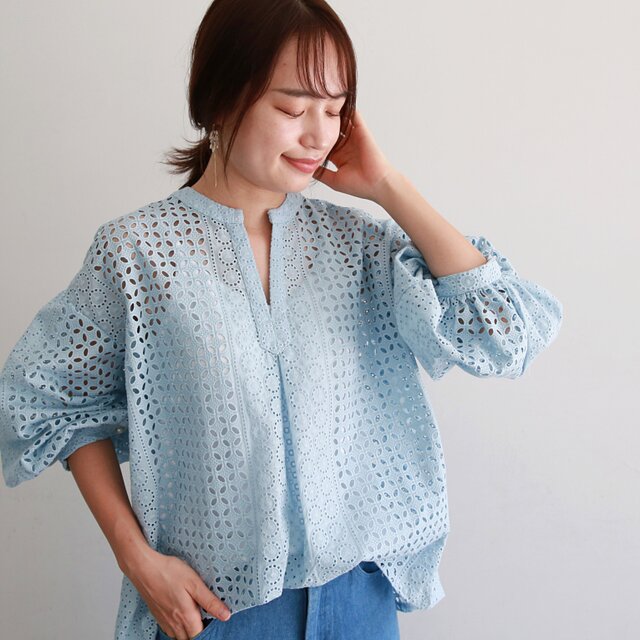 カットレース キーネック ブラウス スカイブルー 0386BL | iichi ハンドメイド・クラフト作品・手仕事品の通販